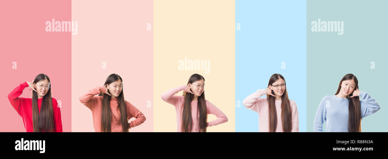 Collage of beautiful asian woman over colorful stripes isolated ...
