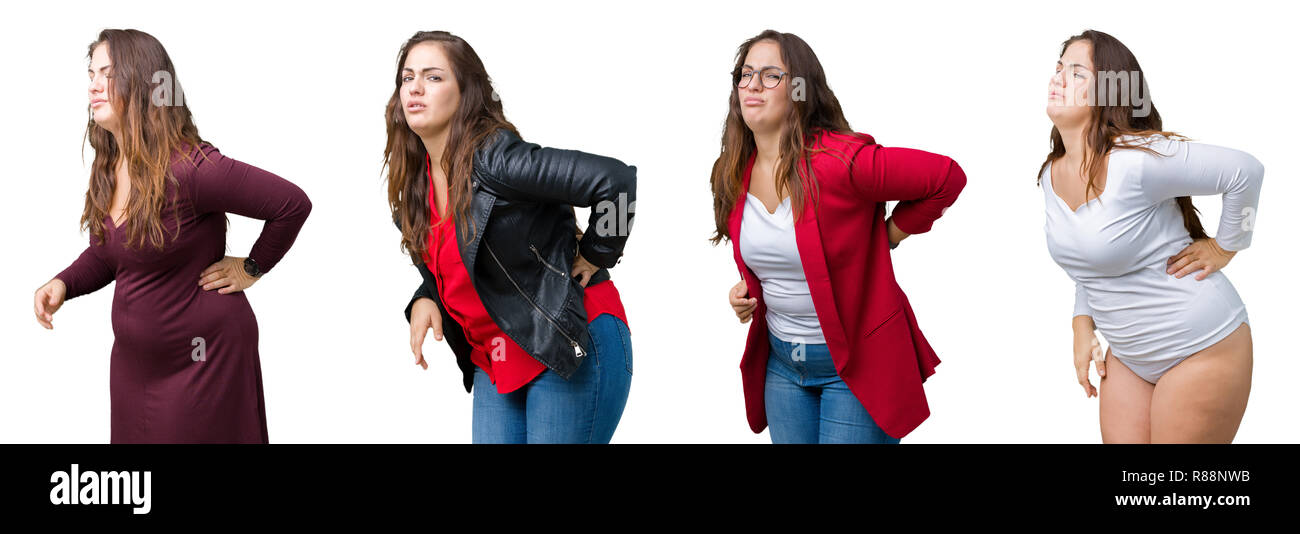 Collage of beautiful plus size woman over isolated background Suffering ...