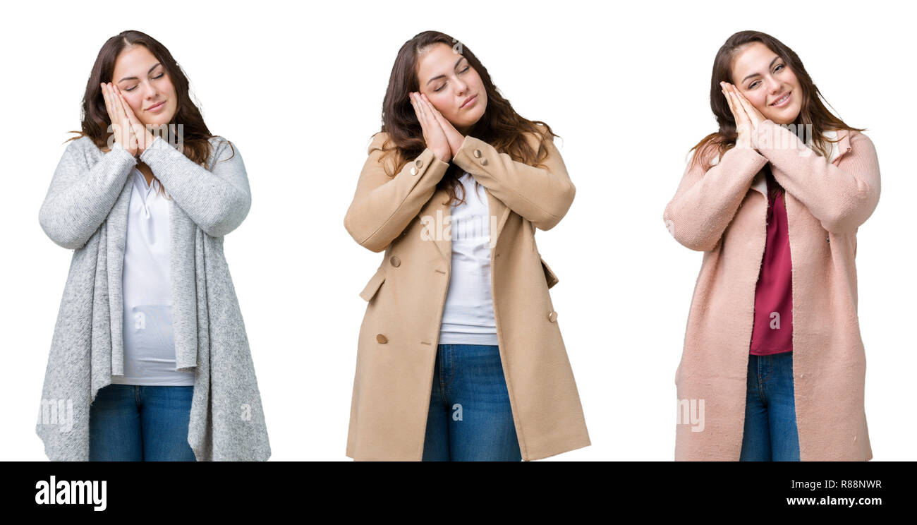 Collage of beautiful plus size woman wearing winter jacket over ...