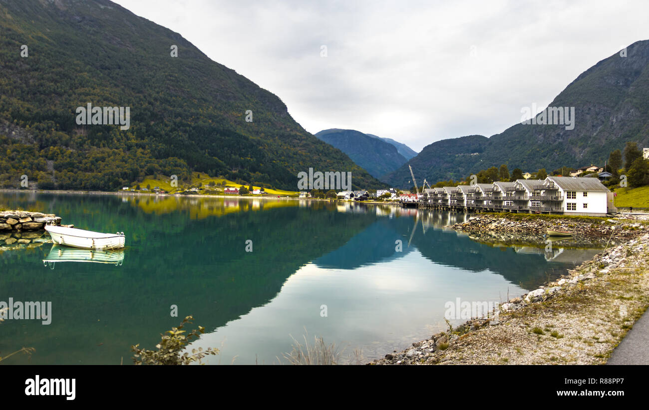 Skjolden, Norway. - September 3th, 2018: Panoramic view of wooden row ...