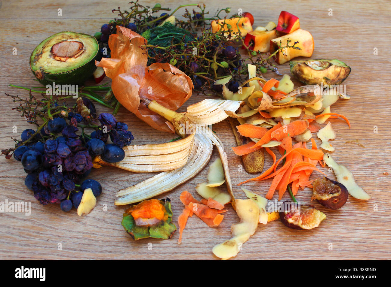 Domestic waste for compost from fruits and vegetables on the table ...