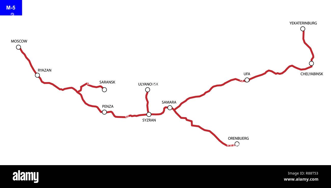 Russian route M-5 Ural. Highway Moscow - Chelyabinsk. Road map of ...