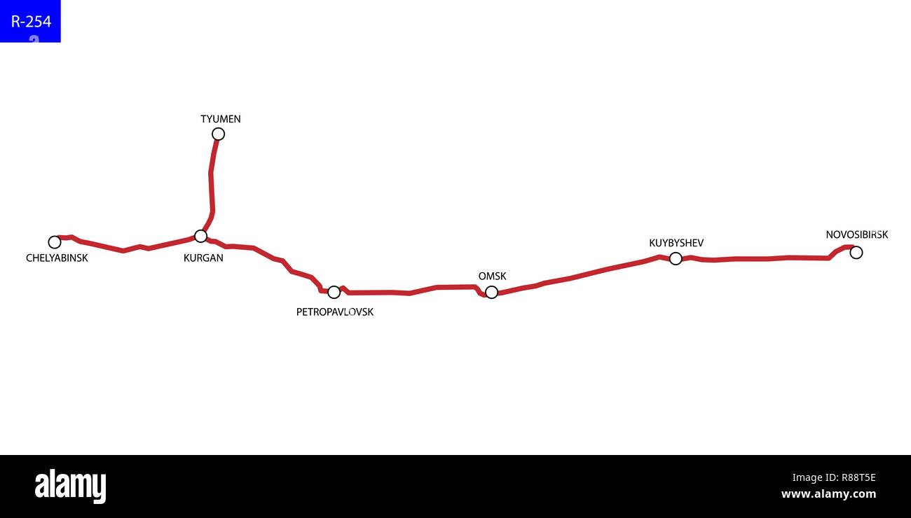 Russian route R-254 Irtysh. Highway Chelyabinsk - Novosibirsk. Road map ...