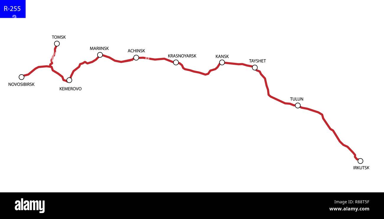 Russian route R-255 Siberia. Highway Novosibirsk - Irkutsk. Road map of ...