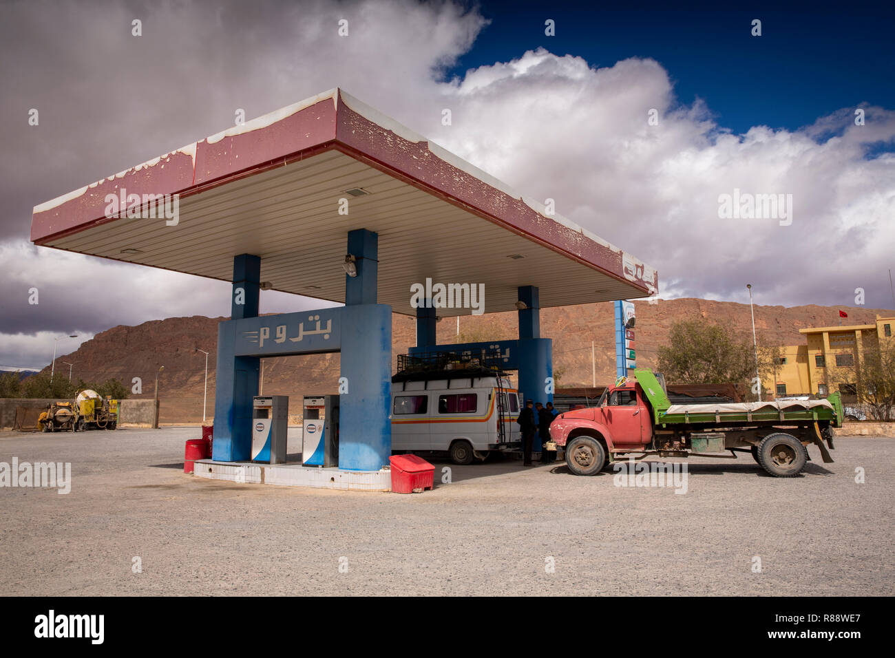 Morocco, Ziz River Gorge, Guers Tiallaline, village petrom petrol ...