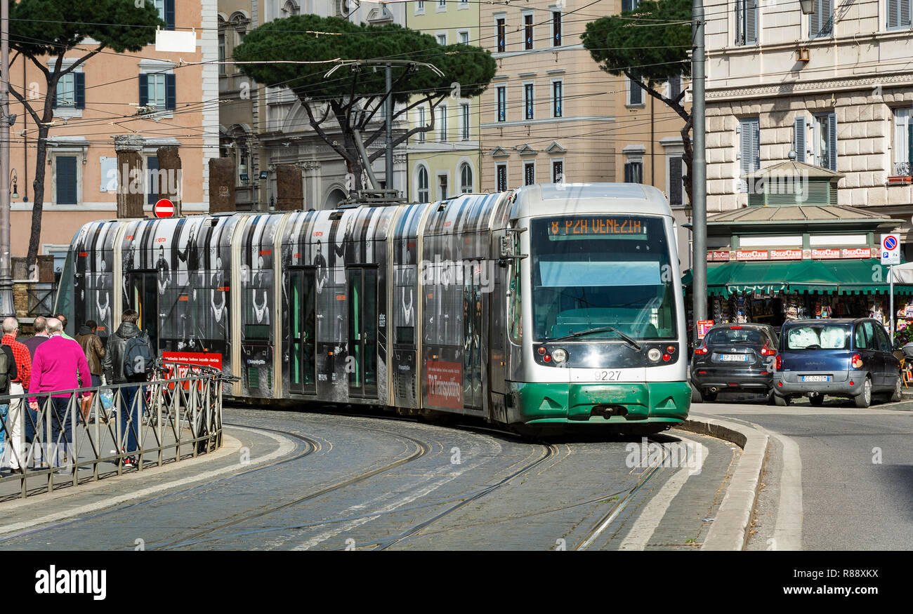 Rome, Italy, february 2017: Line 8 Tram moving in Largo Argentina in ...