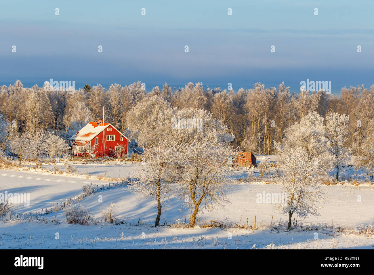 Winter landscape with a red house Stock Photo - Alamy