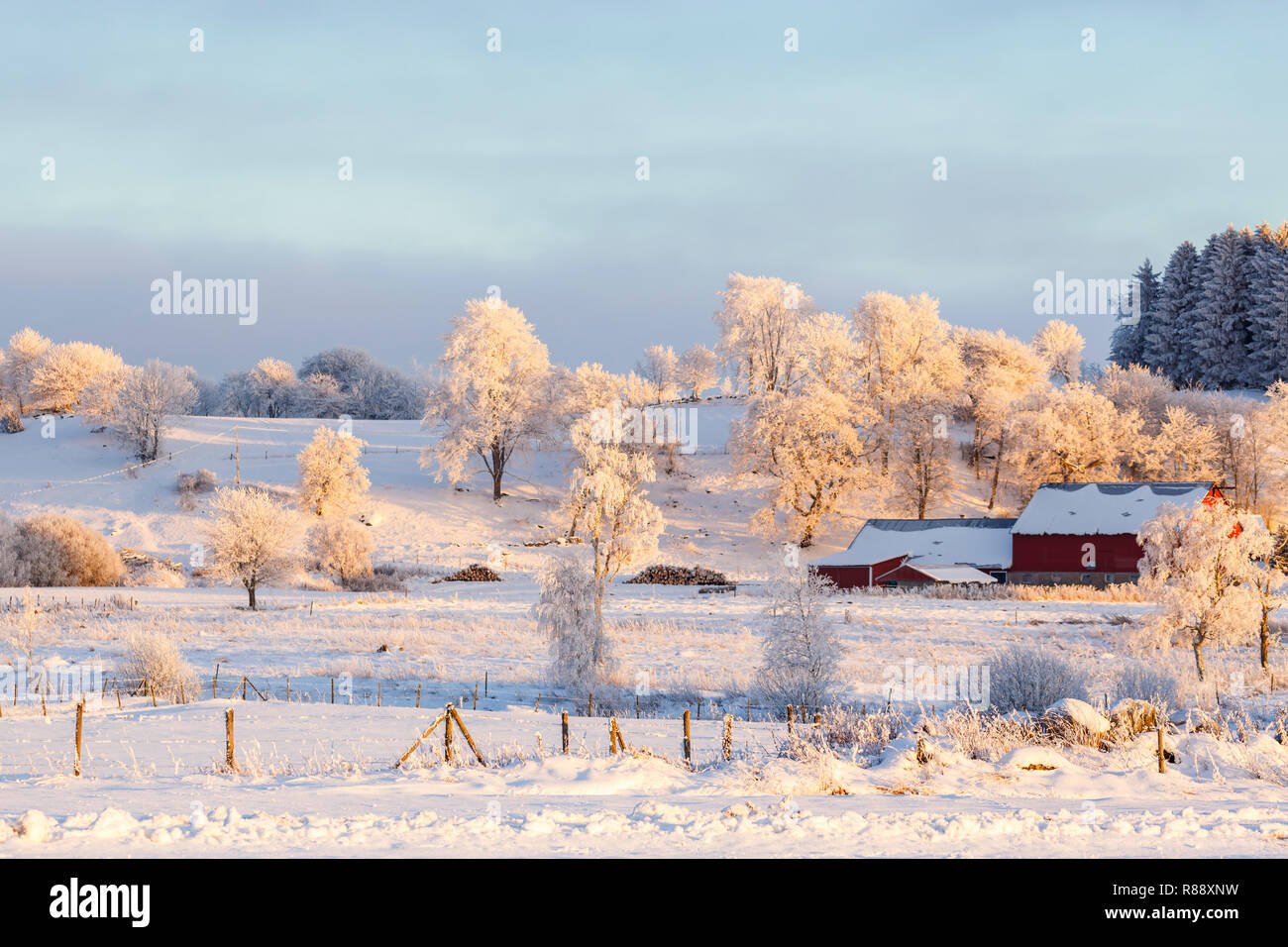 Cold winter landscape with snow and a farm Stock Photo - Alamy
