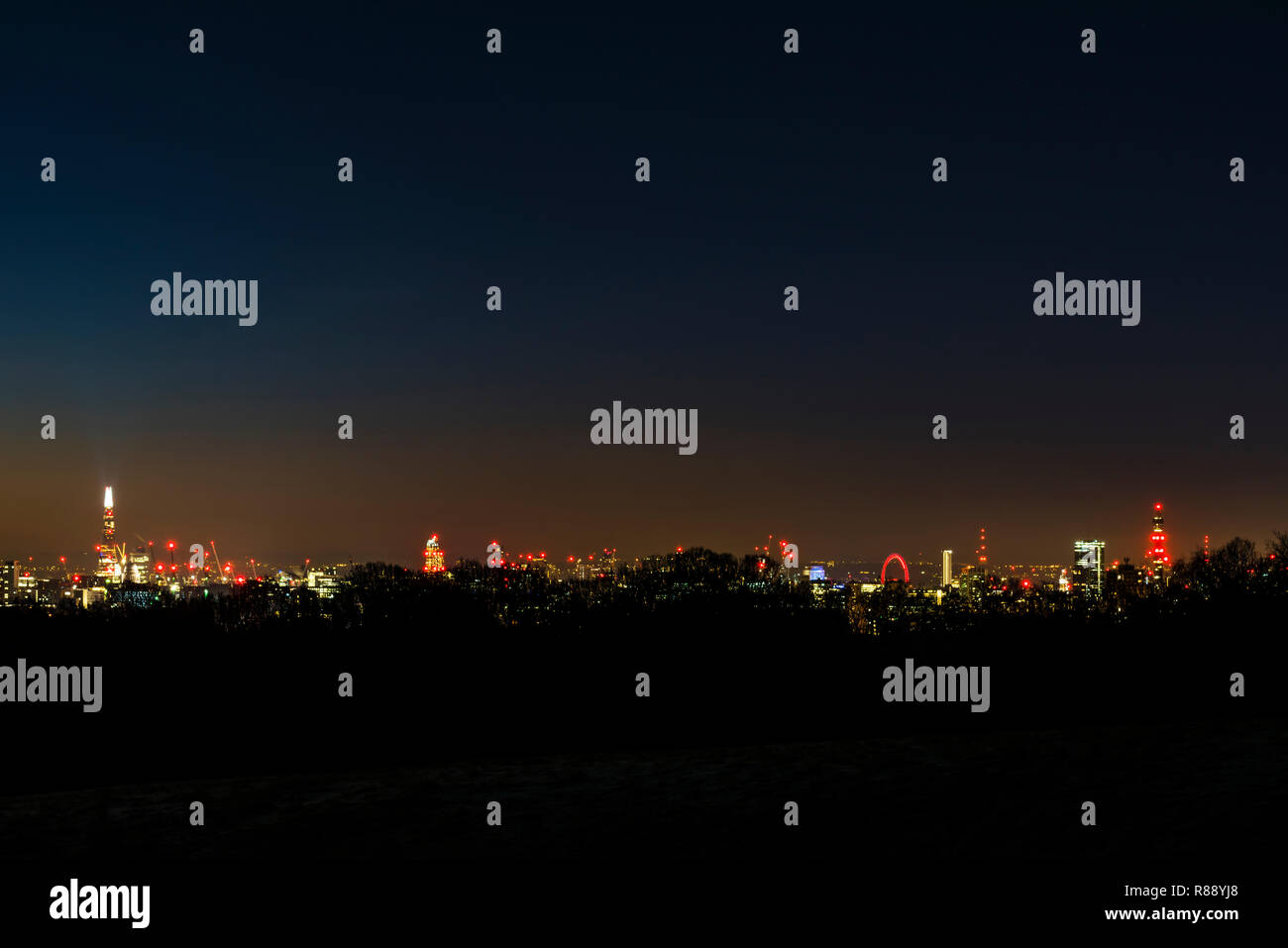 Early dawn over the London skyline from Hampstead Heath, London, UK ...