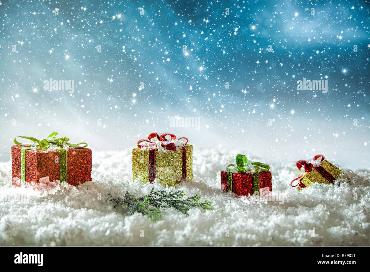 Christmas winter background with snow and gift boxes Stock Photo - Alamy