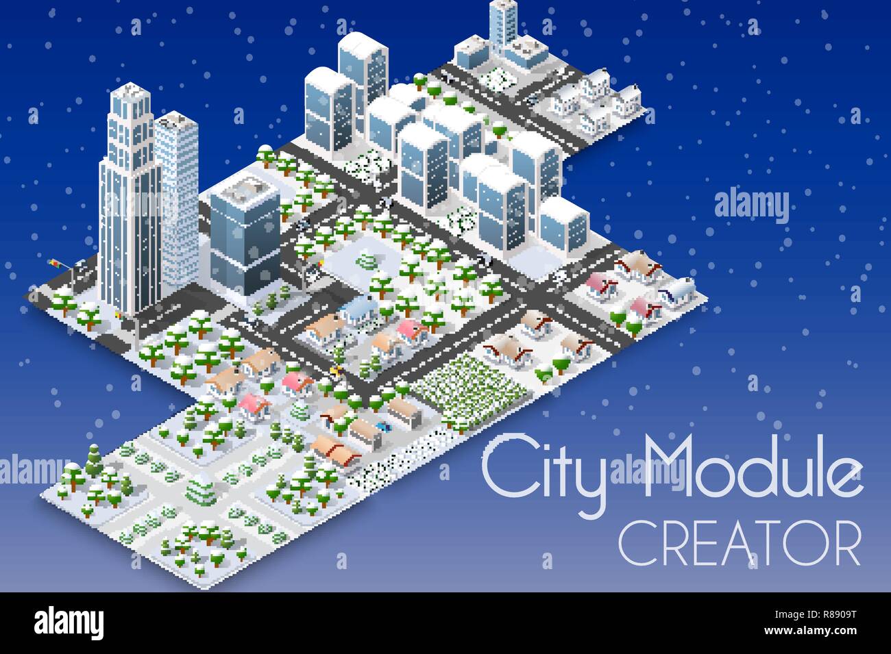 City winter Christmas New Year landscape isometric town with houses and ...