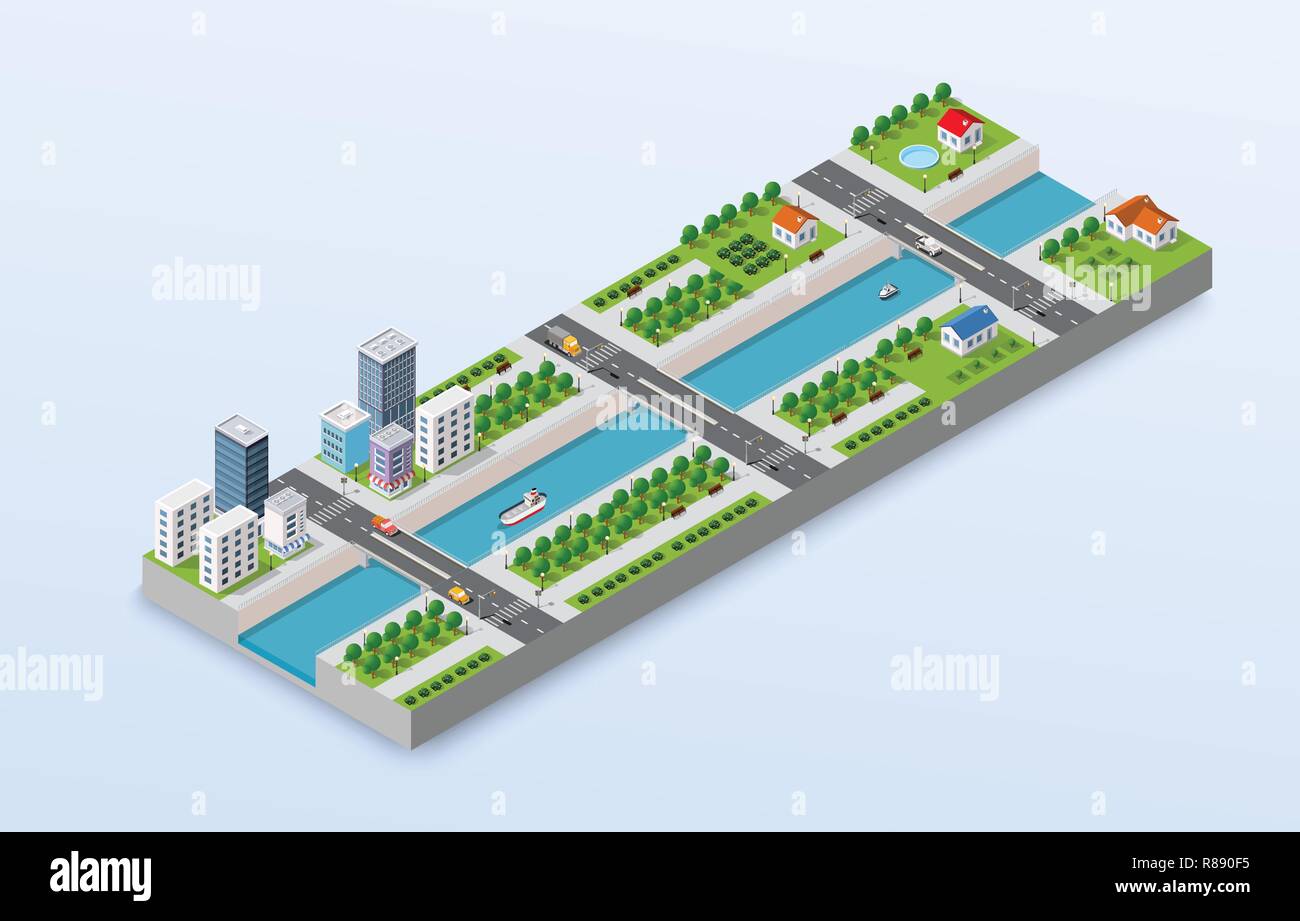Isometric illustration of a city waterfront with a river, yachts and ...