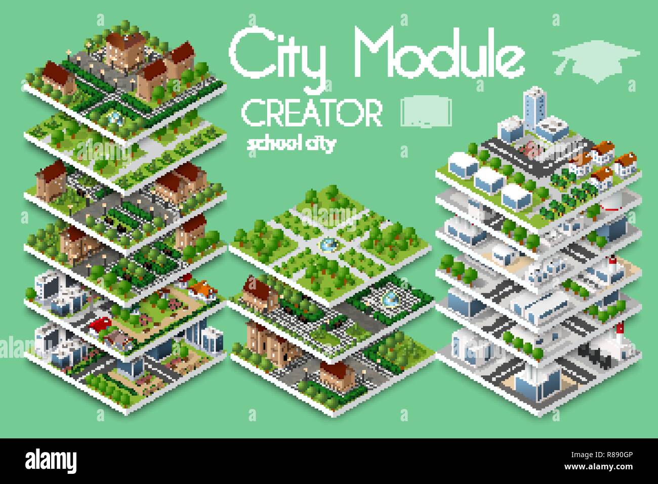 City module creator isometric concept of urban infrastructure business. Vector building ...