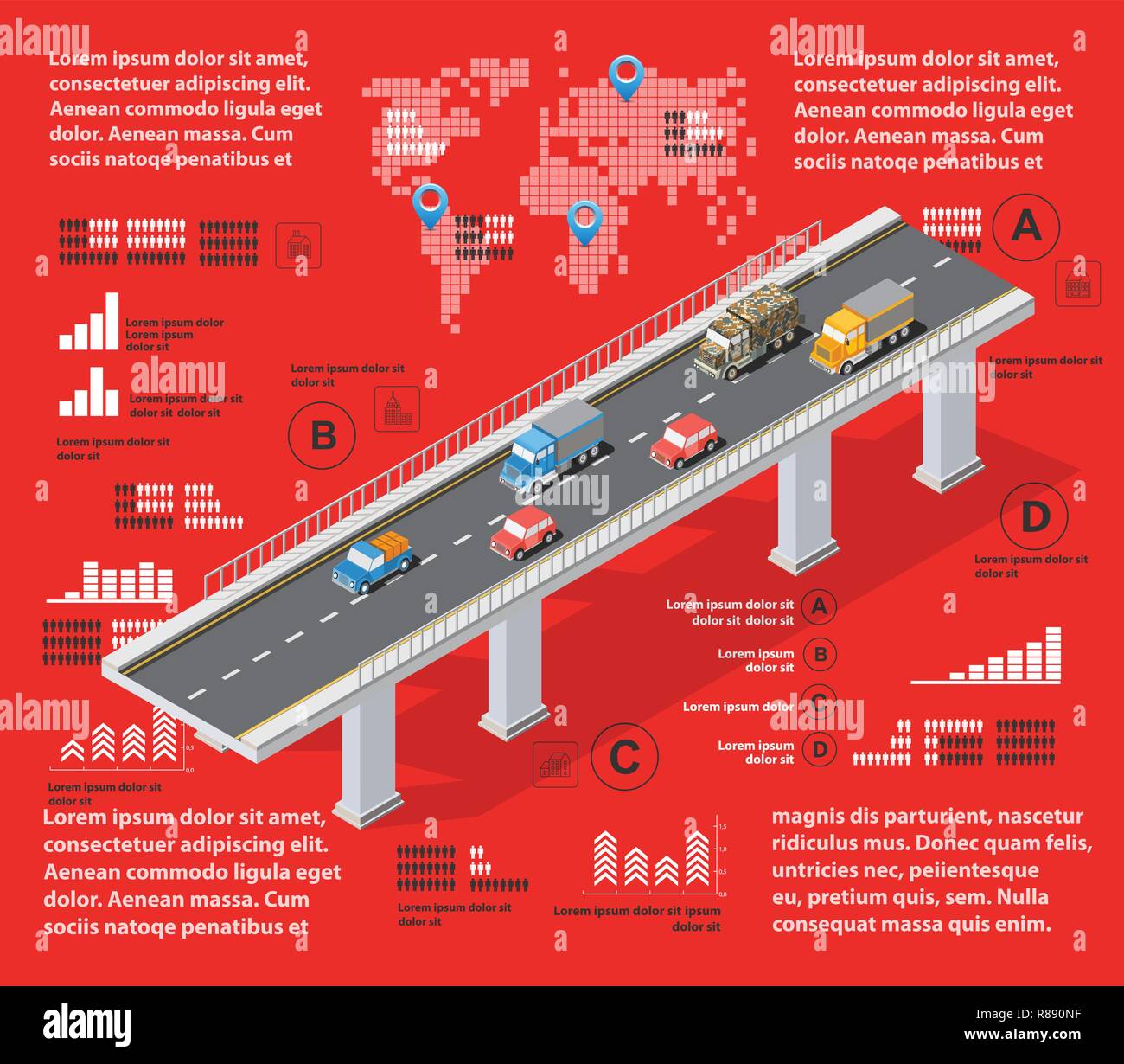 Red illustration infographics of urban road transport and traffic in ...