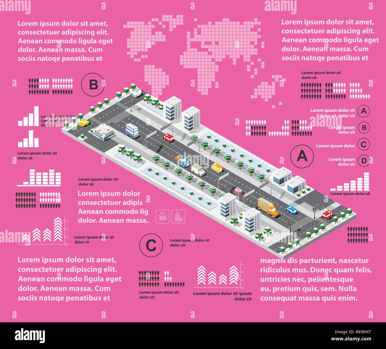 Purple illustration infographics of urban road transport and traffic in ...