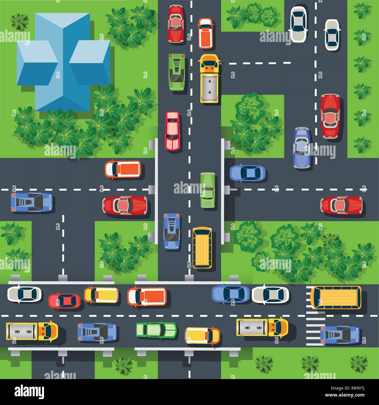 Top view of city map. Crossroads of urban streets with traffic ...