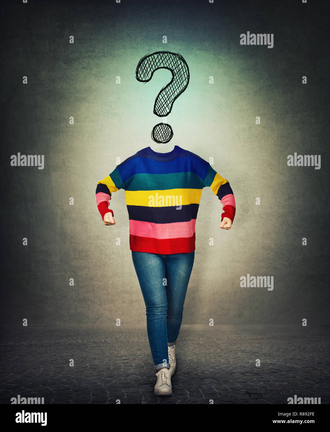 Surreal image as a angry woman with invisible face holding fists and ...