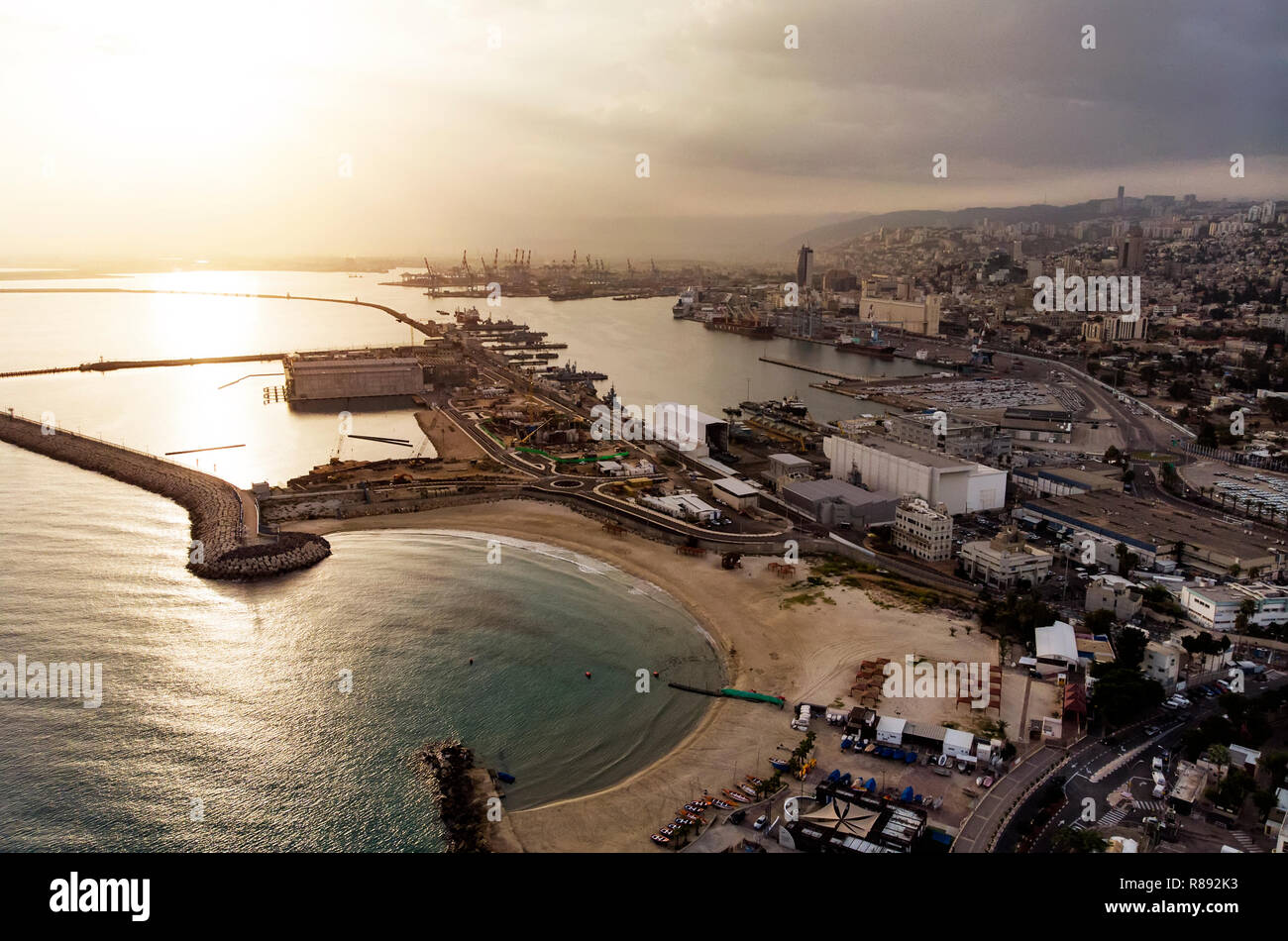Haifa Beach, Israel, aerial view. Sunrise over the sea. The sun rises ...