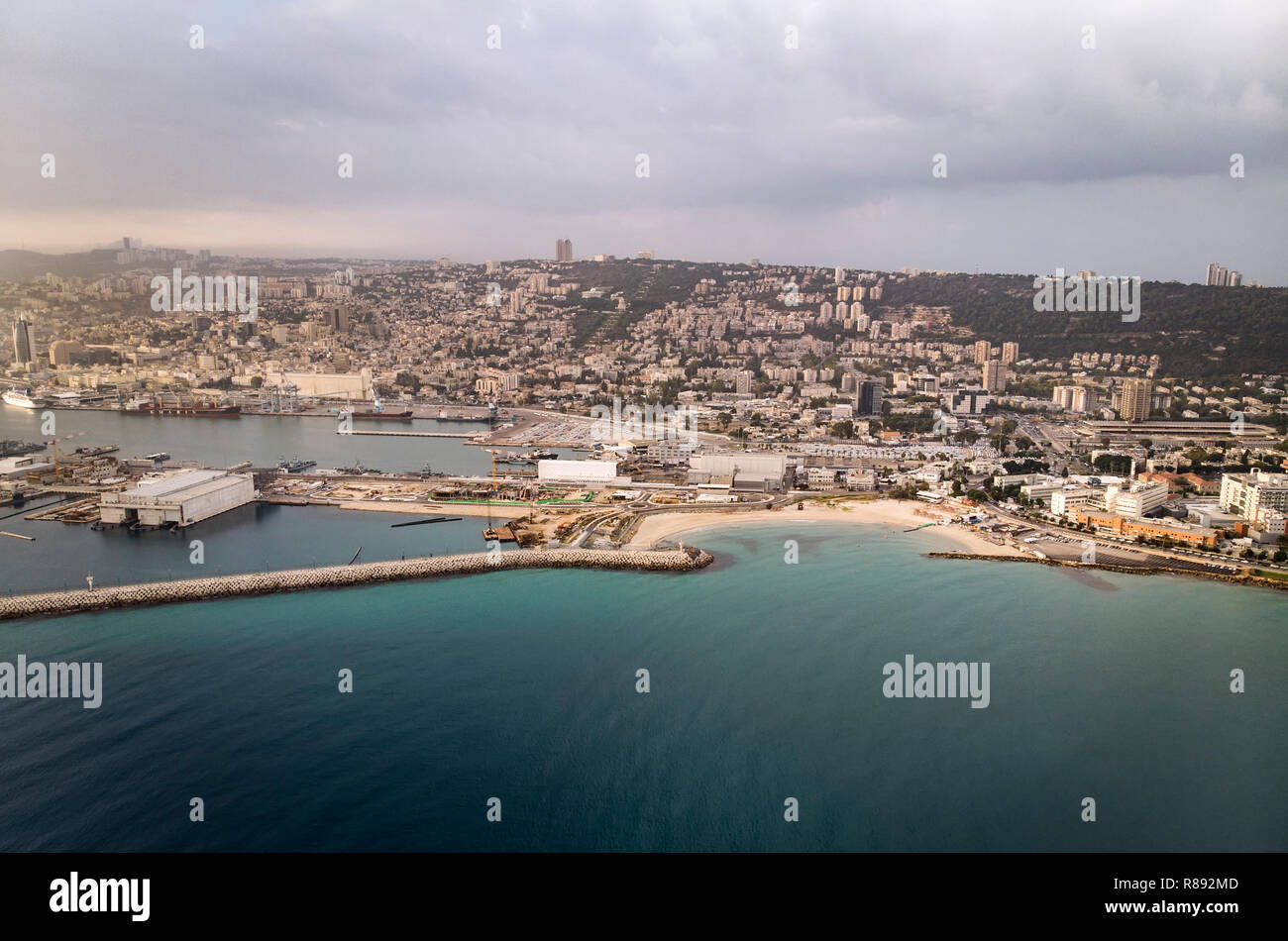 Haifa Beach, Israel, aerial view. Sunrise over the sea. The sun rises ...