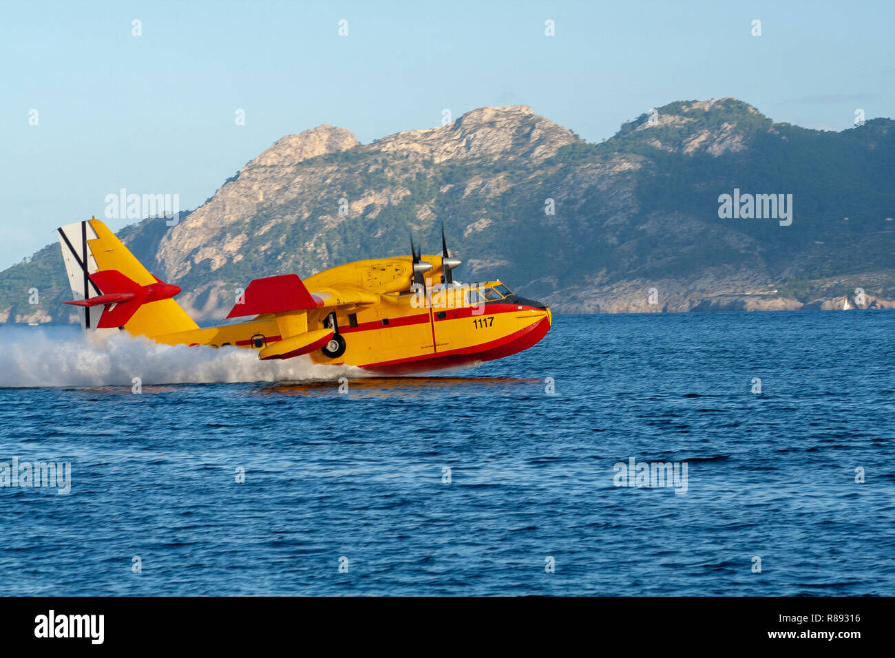 Start of a fire-fighting aircraft in port pollenca, mallorca Stock ...