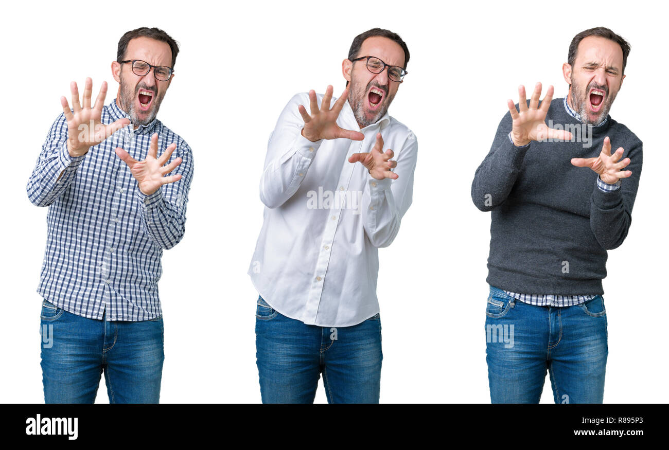 Collage of handsome senior business man over white isolated background ...