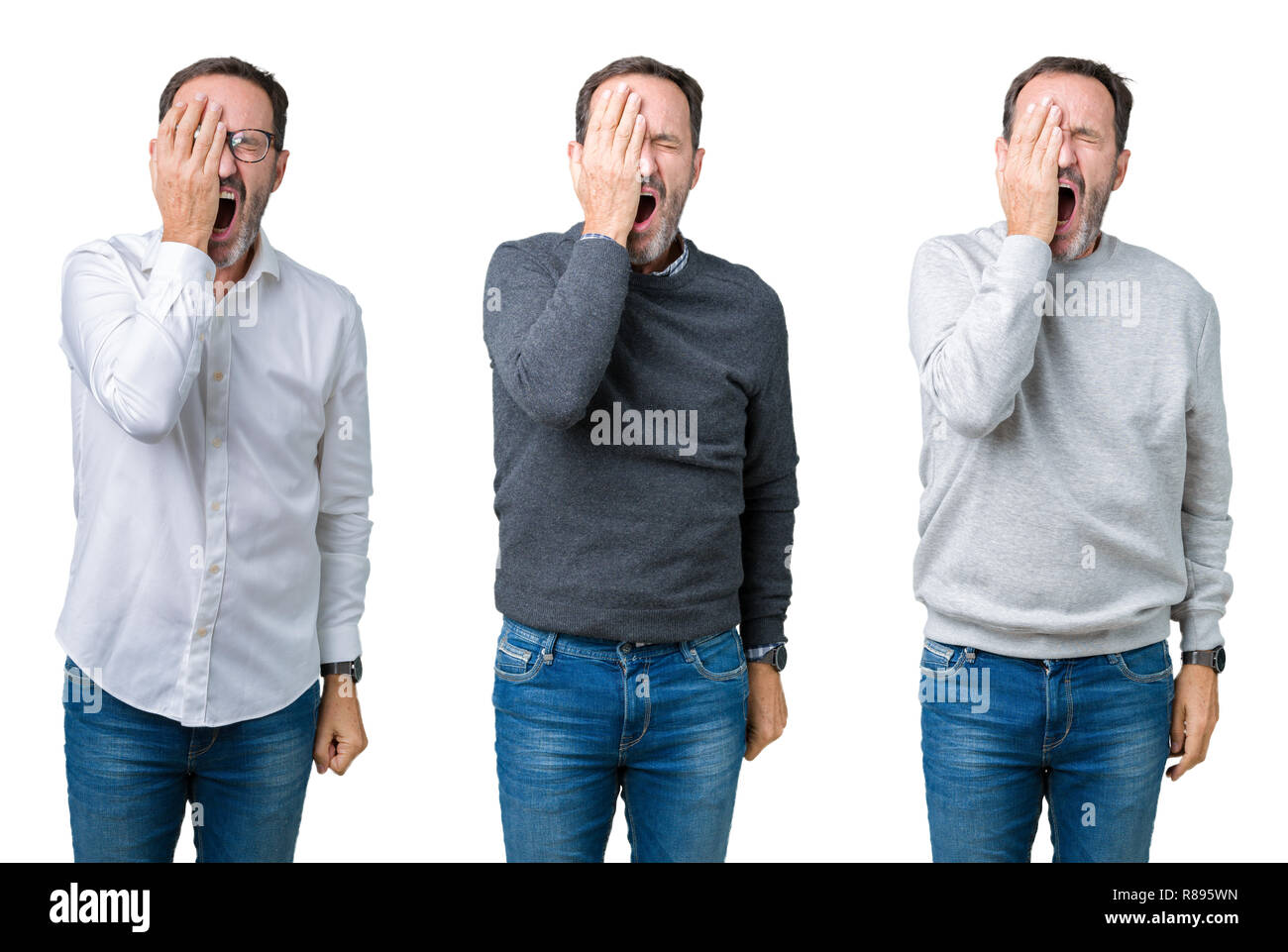 Collage of handsome senior man over white isolated background Yawning ...