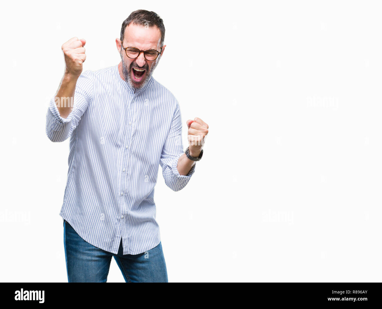 Middle age hoary senior man wearing glasses over isolated background ...
