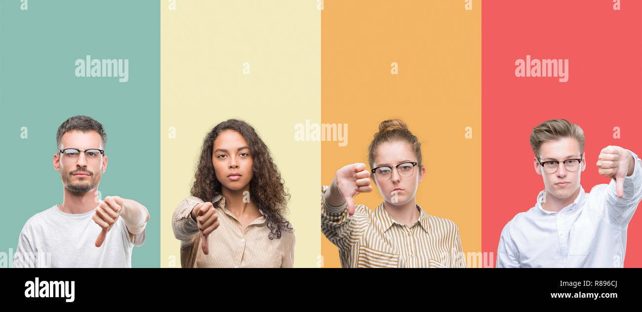 Collage of a group of people isolated over colorful background looking ...