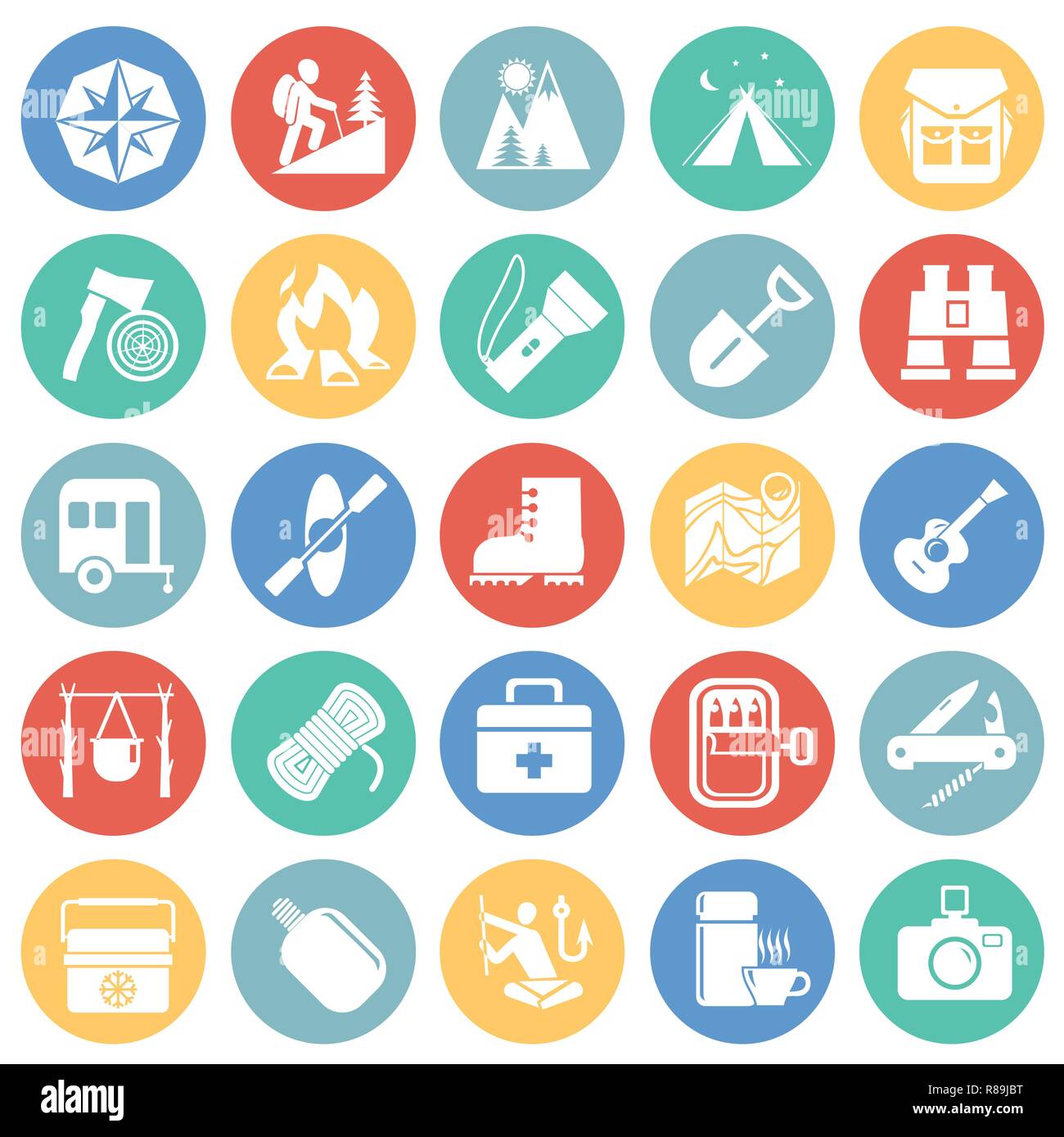 Camping icons set on color circles background for graphic and web ...