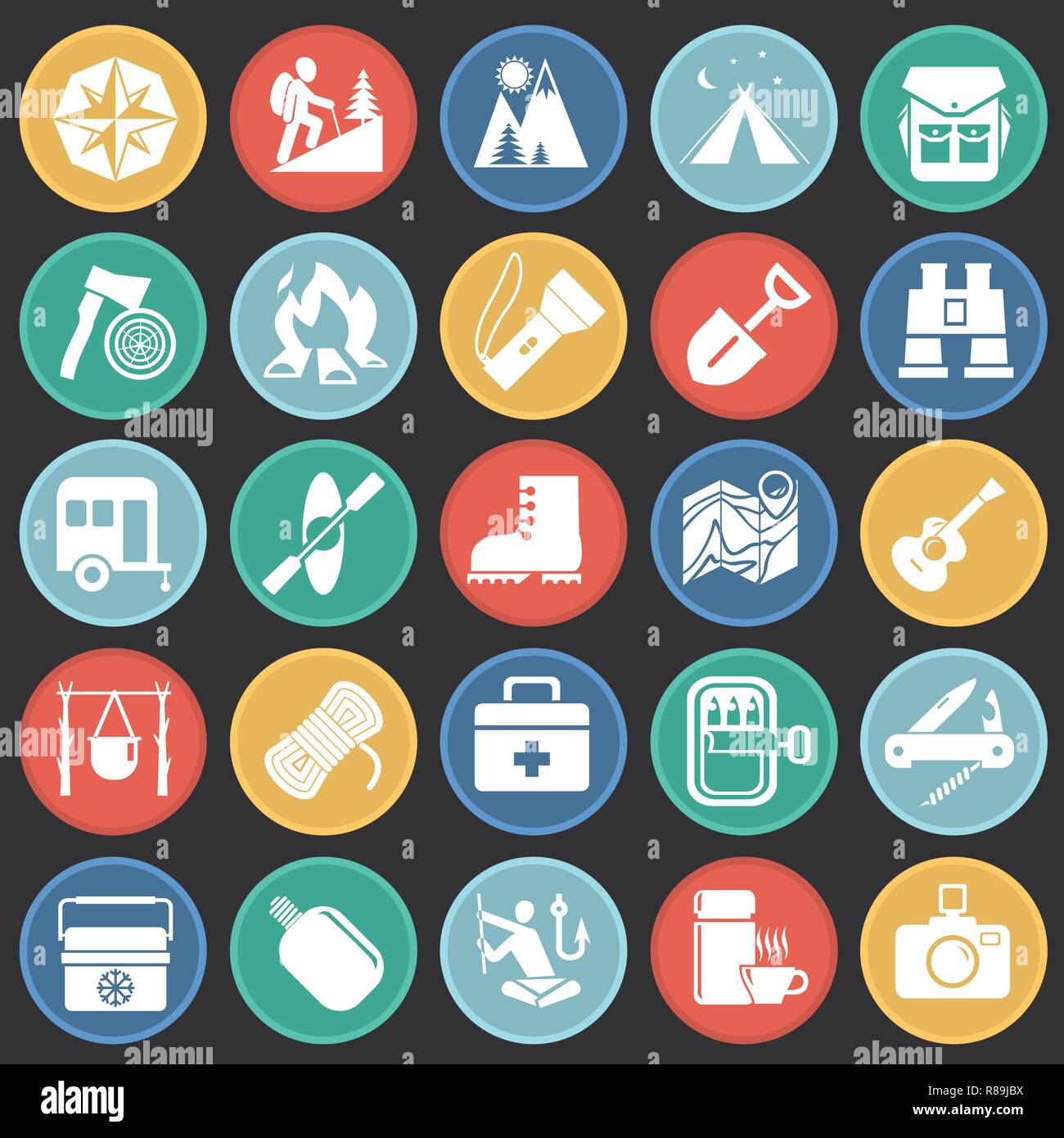 Camping icons set on color circles black background for graphic and web ...
