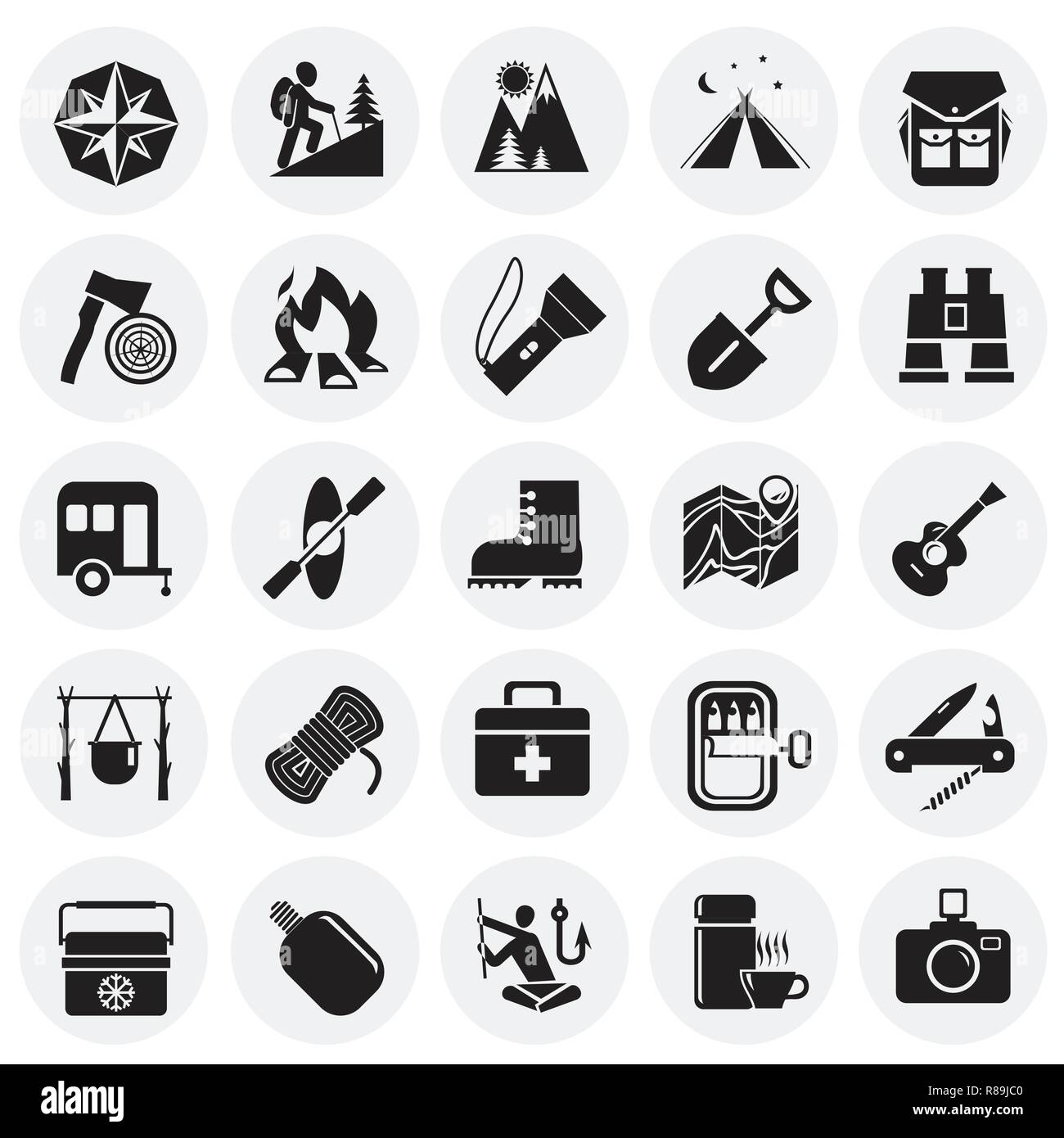 Camping icons set on circles background for graphic and web design ...