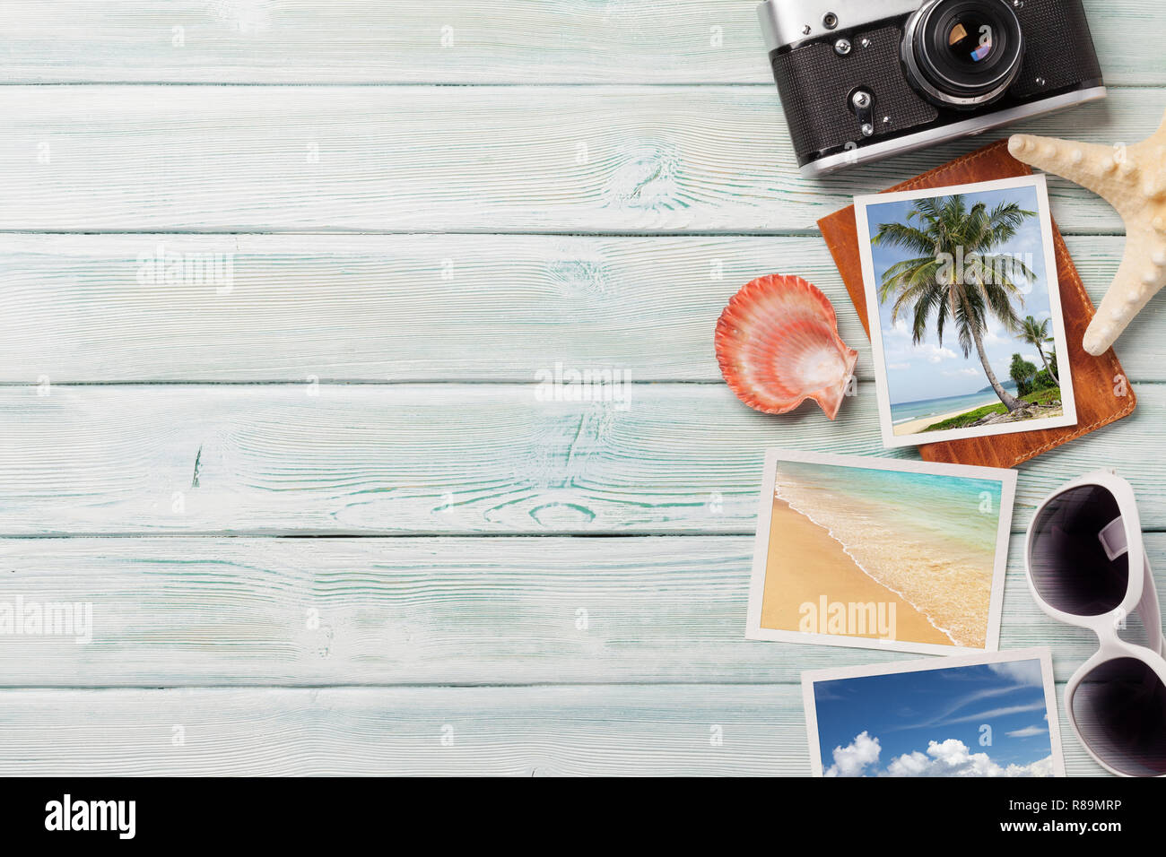 Travel vacation background concept with sunglasses, camera and weekend ...
