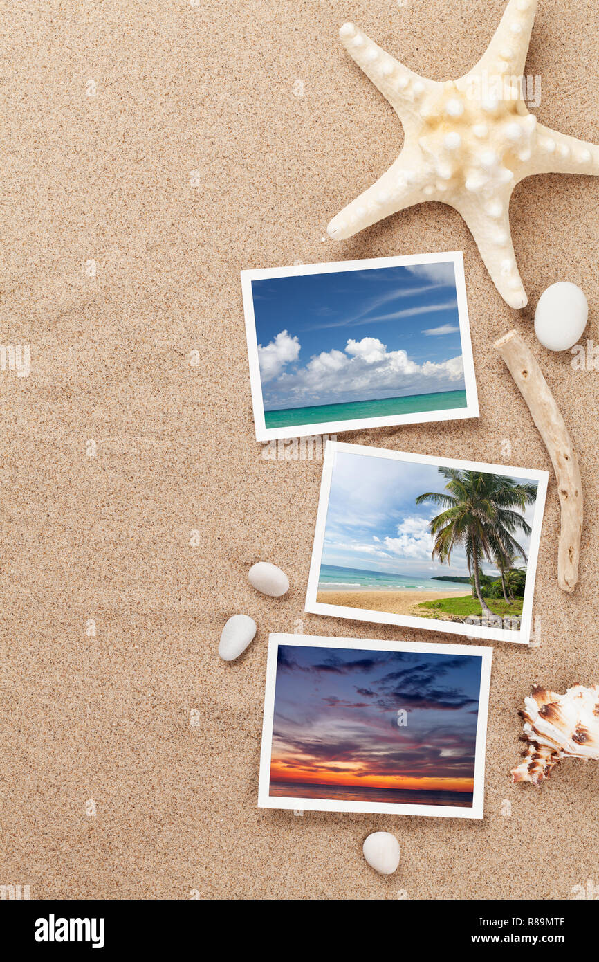 Travel vacation background concept with seashells and photos on sand ...