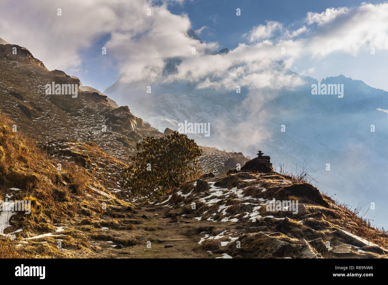 Hiking path on side of mountain in Annapurna Himal, Nepal, Himalayas ...