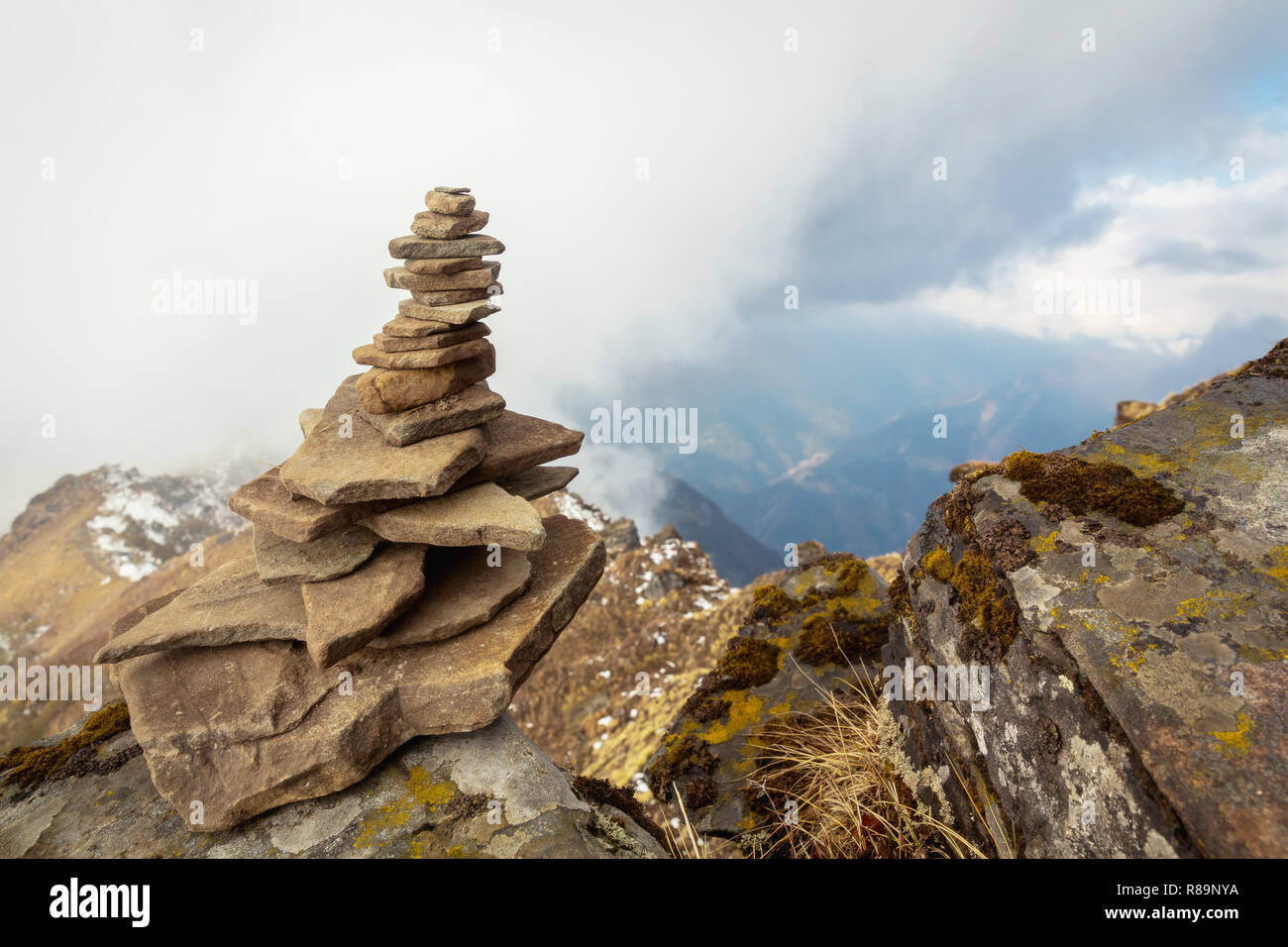 Stacked rocks on the side of a mountain in Annapurna Himal, Nepal ...