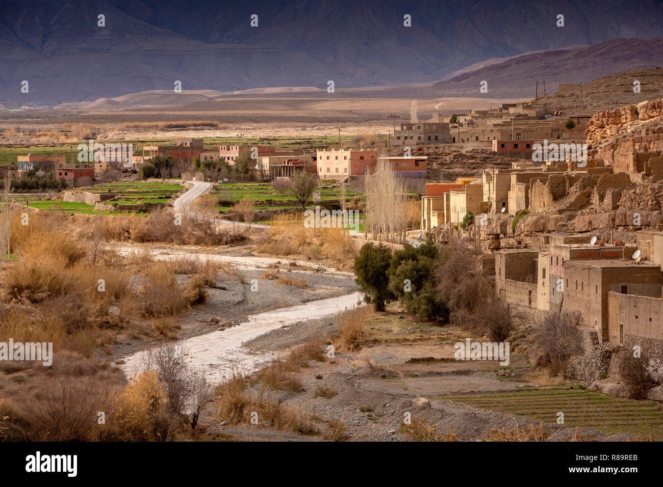 Morocco, Todra Gorge, Tinghir, Timadal, houses beside Todra River below ...
