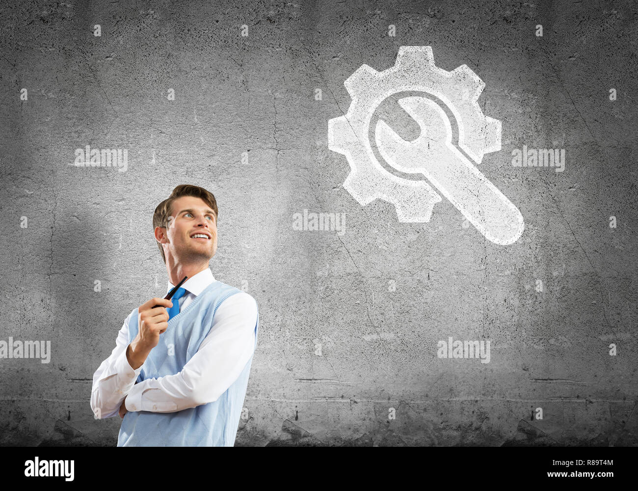 Elegant banker wearing red tie and gears as teamwork concept Stock ...