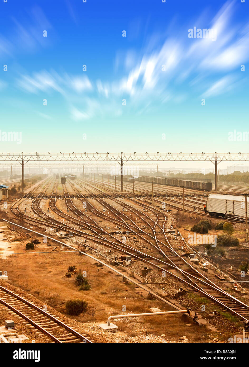 Cargo train platform at sunset with container Stock Photo - Alamy