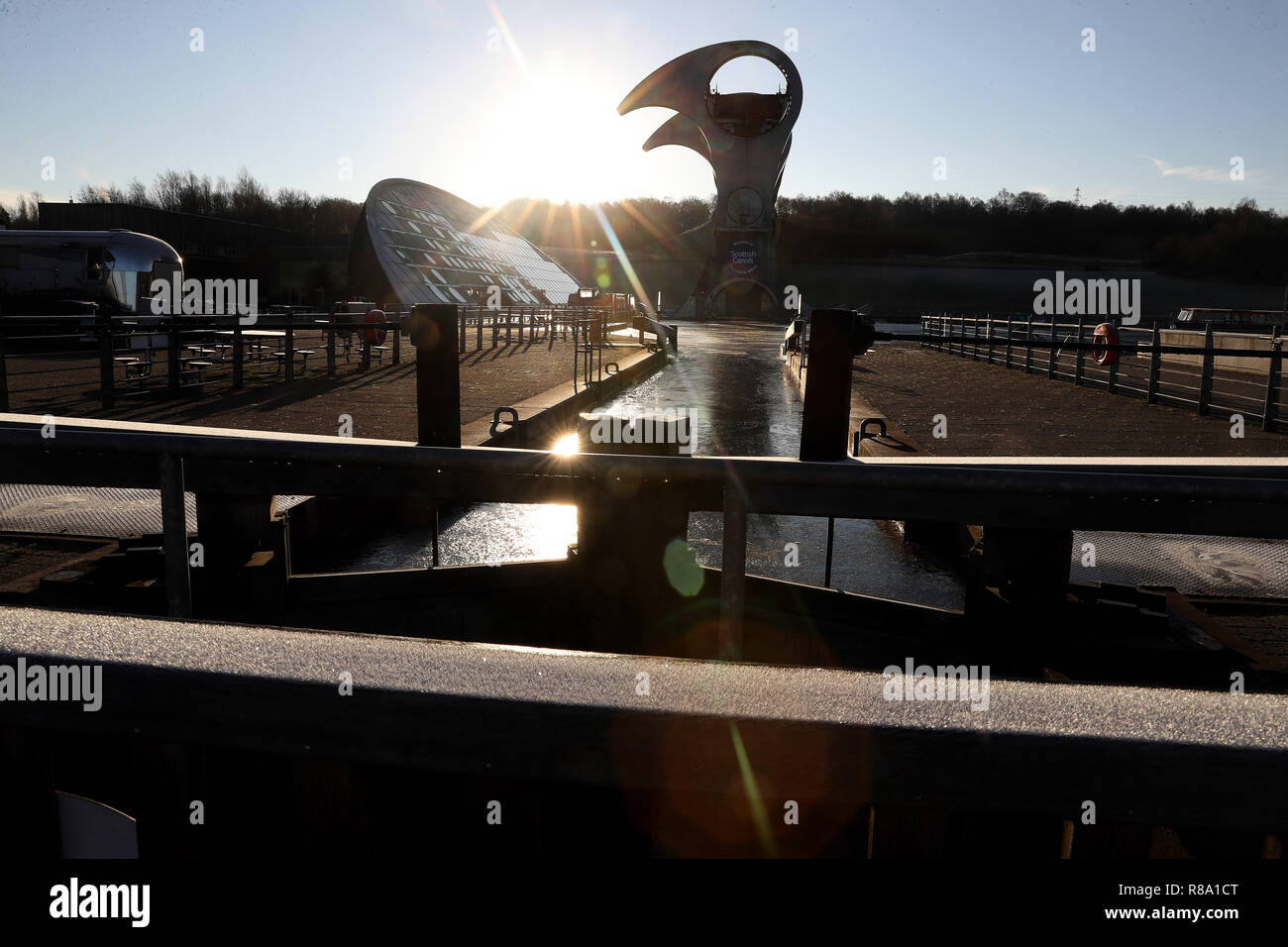Winter sunshine shines on the Falkirk Wheel, a rotating boat lift which ...
