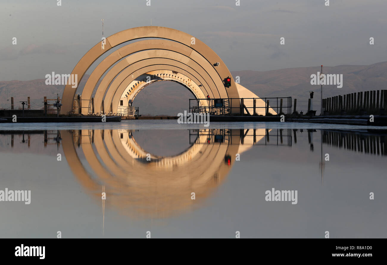 Winter sunshine shines on the Falkirk Wheel, a rotating boat lift which ...