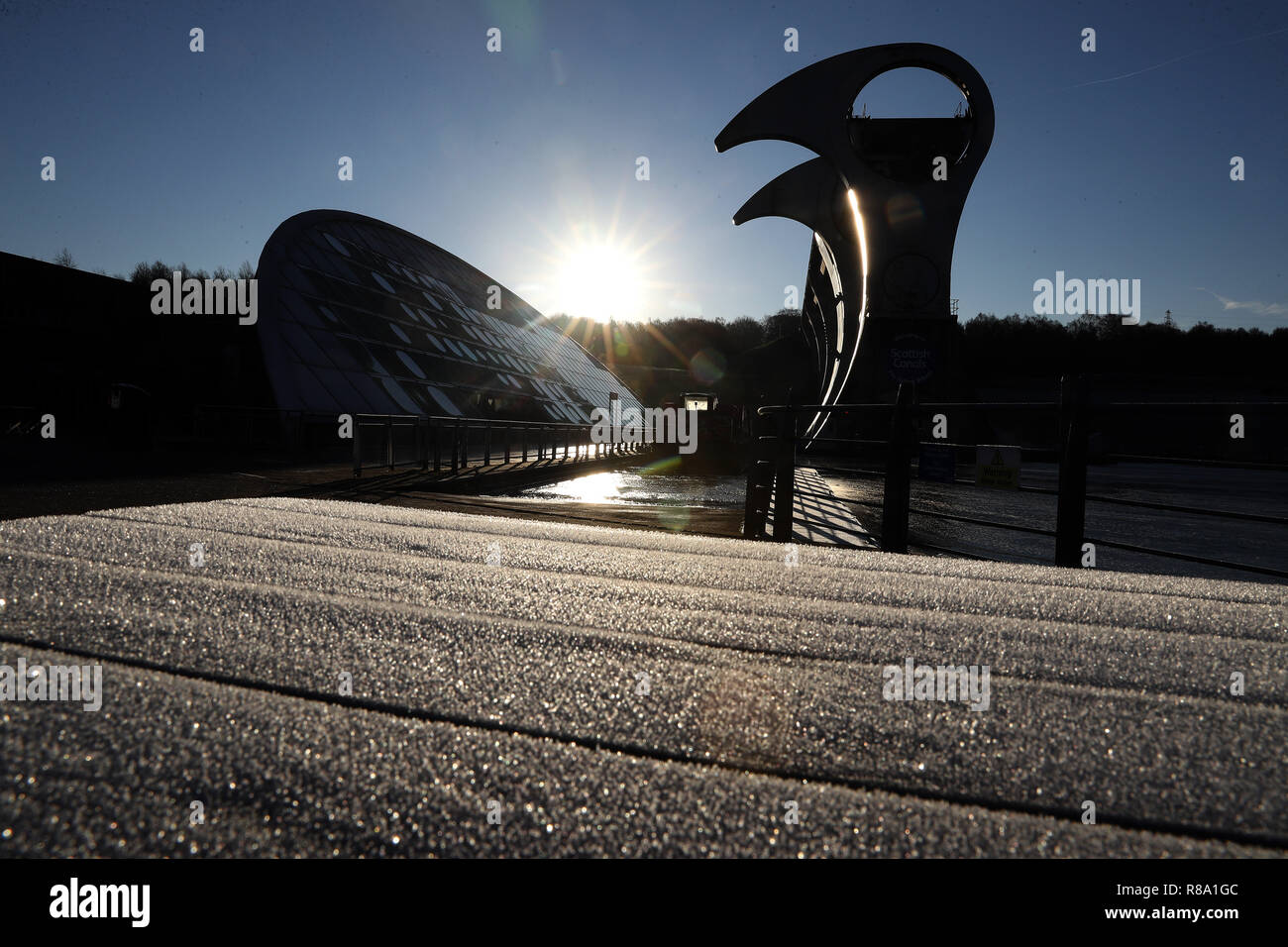 Winter sunshine shines on the Falkirk Wheel, a rotating boat lift which ...