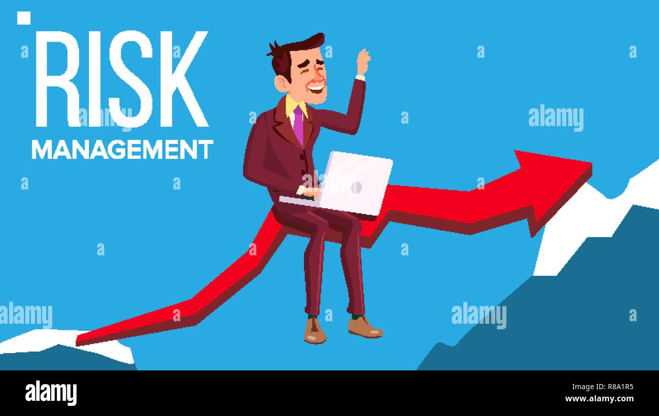 Risk Management Vector. Businessman Sitting With Laptop On Red Arrow ...
