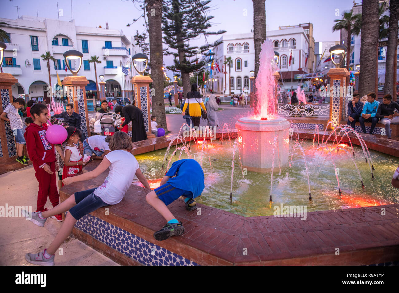 Colorfully Lit Fountain in Town Center, Larache, Morocco Stock Photo ...