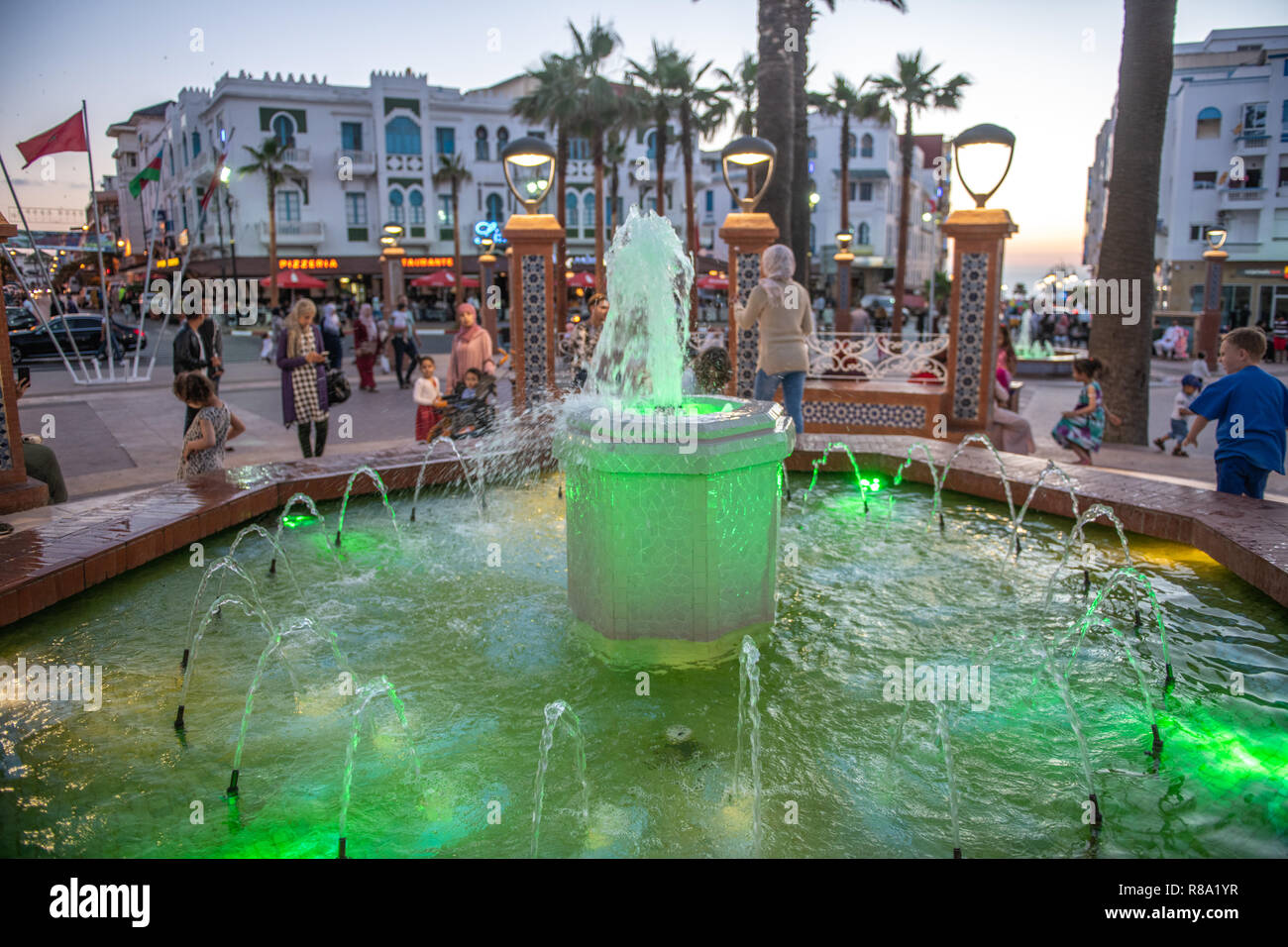 Colorfully Lit Fountain in Town Center, Larache, Morocco Stock Photo ...