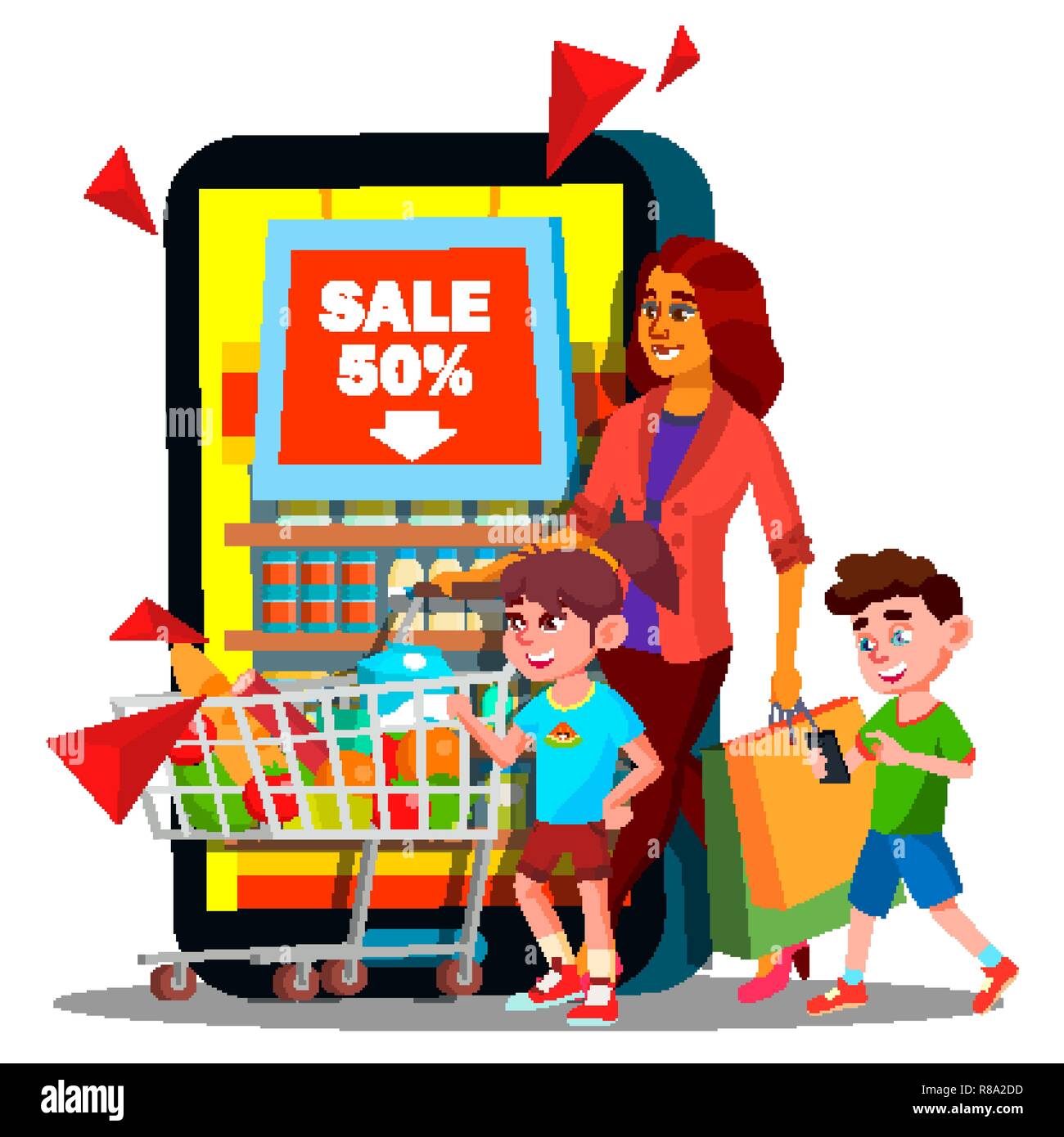 Online Shopping Vector. Mother With Children, Shopping Chart In Mobile ...