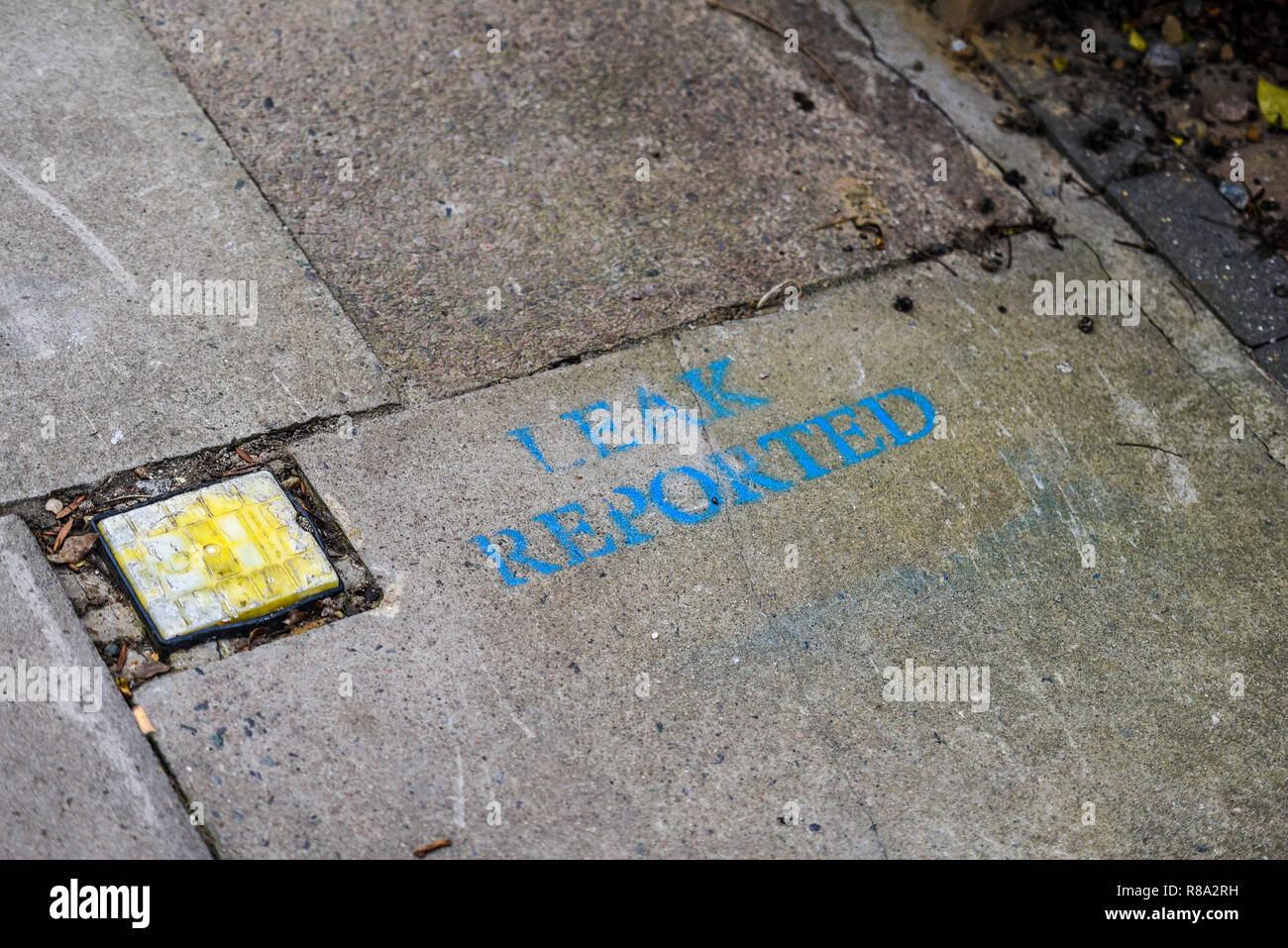 Leak reported message on pavement near access panel. Leak message. Dry ...