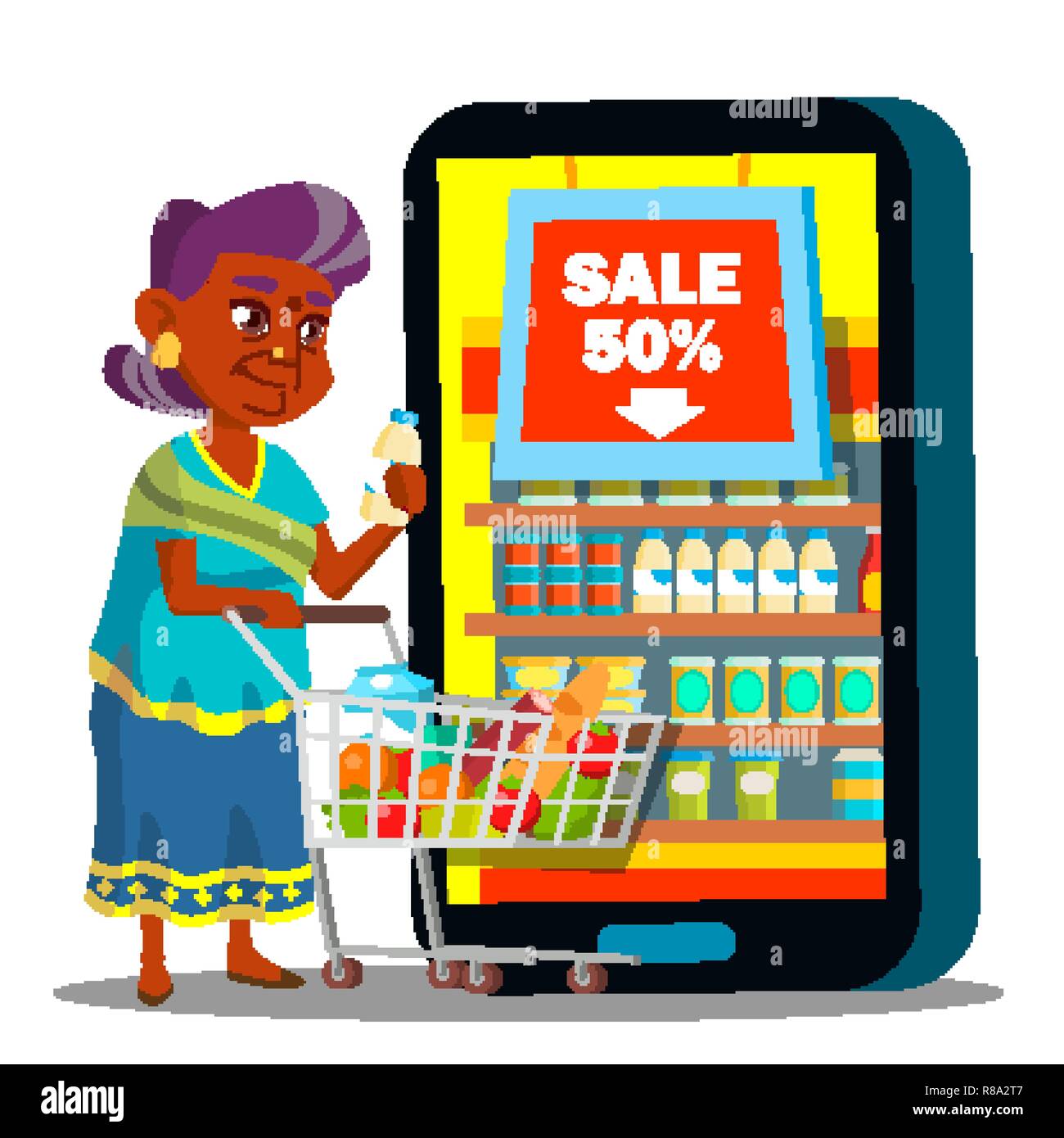 Online Shopping Vector. Old Woman Standing With Shopping Cart And ...