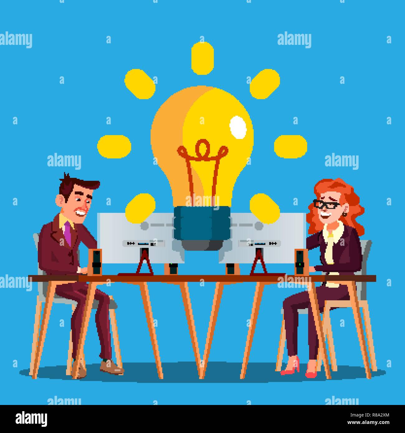Teamwork Vector. Female And Male Characters Lighting A Large Yellow ...
