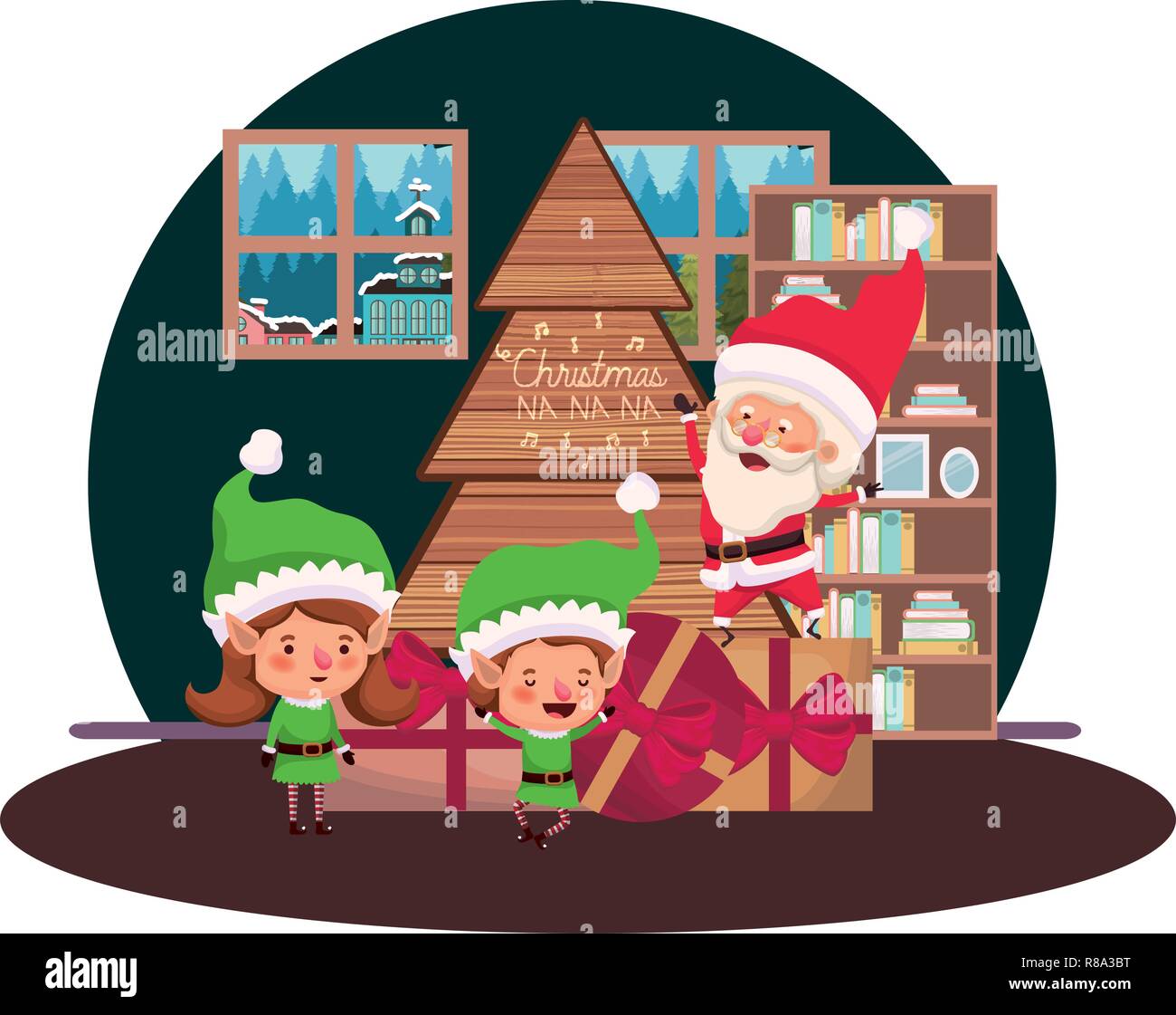 couple of elves and santa claus with christmas tree Stock Vector Image ...