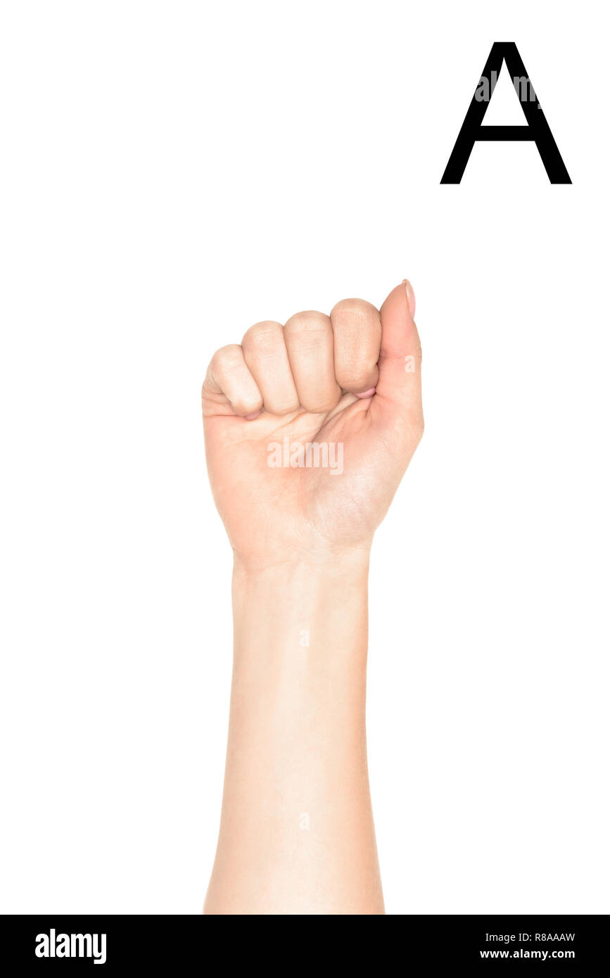 partial view of female hand showing latin letter - A, sign language ...